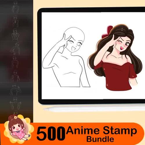 500 Anime Stamps Procreate Brush Set, Anime Procreate Body Poses