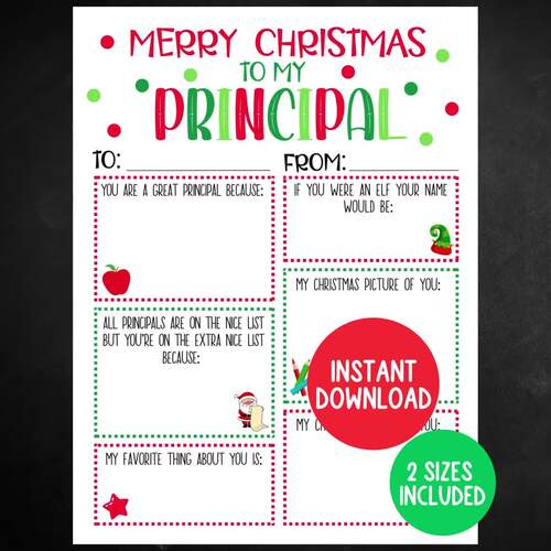 Principal Christmas Card, Printable Kids Fill-In-The-Blank Card for ...