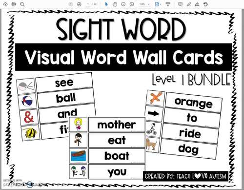 Sight Word Visual Cards Level 1 by Teach Love Autism | TpT
