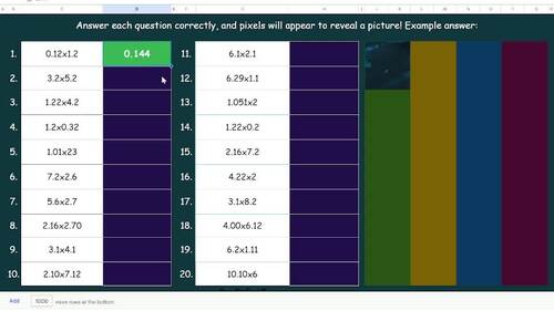 Multiplying Decimals Self-Checking Art Picture Reveal Google Sheets