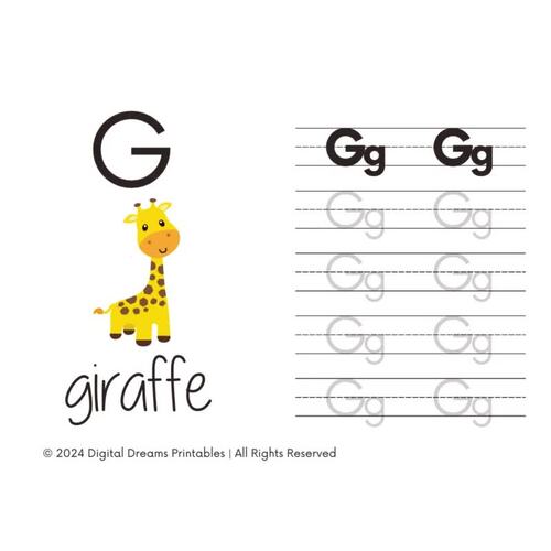 Tracing Letters Practice G for Giraffe Booklet Uppercase, Lowercase, Blank