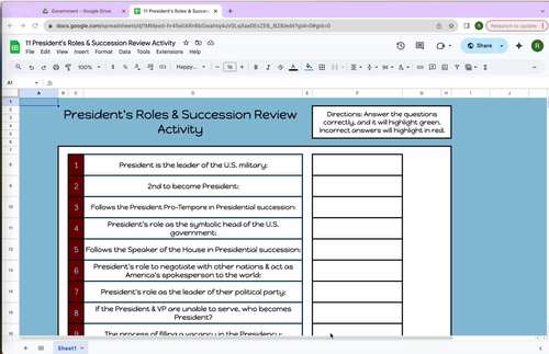 President Roles & Succession Online Review Activity by Coach S History Hub