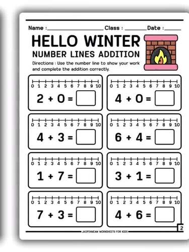 HELLO WINTER NUMBER LINES ADDITION WITHIN 10 WORKSHEETS | EARLY LEARNERS