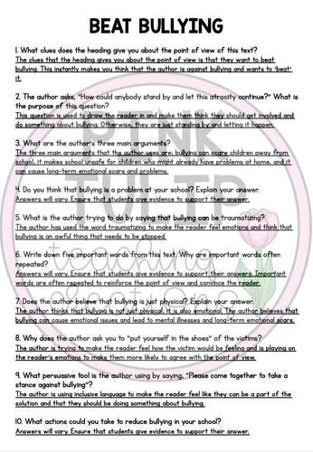 Persuasive Writing Comprehension - Beat Bullying | TPT