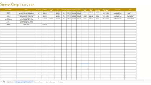 Summer Camp Planner Google Sheets Spreadsheet by Mom Money Map | TPT