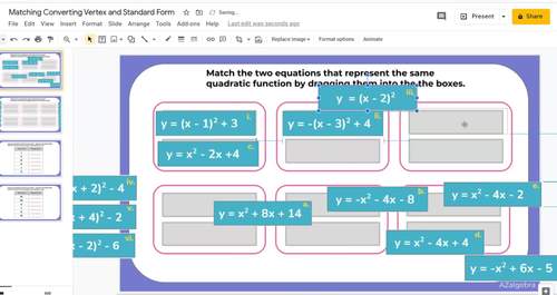 Converting Quadratic Equations Google Slides and PowerPoint Matching