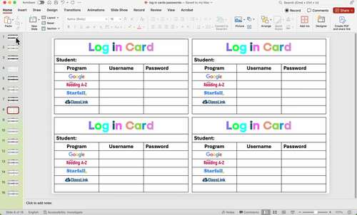 Editable Login Cards Password Cards Student Organization | Back to school
