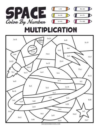 Space Multiplication Color by Number by Blessed Homeschool Printables