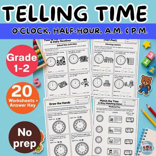 Telling Time to the Hour & Half Hour | Analog Clock Worksheets Grade 1-2