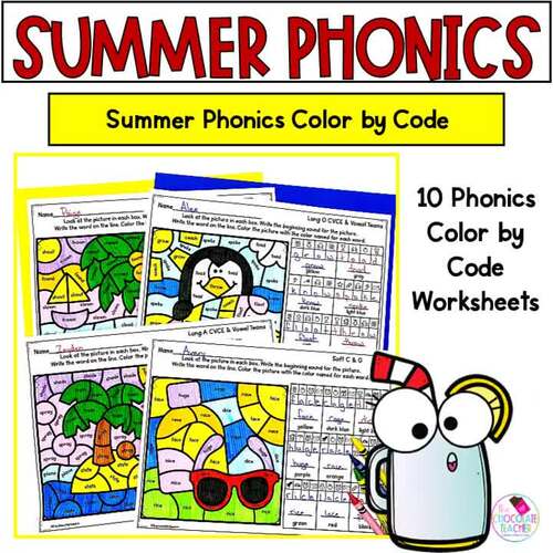 Summer Phonics Worksheets Color by Code with Long Vowels & Diphthongs