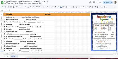 Superlative Adjectives Pixel Art | Self Checking Google Sheets Activity