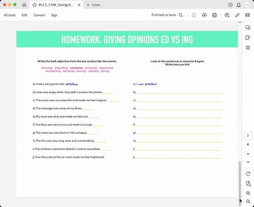 ESL Intermediate Homework: Practise 'ED' & 'ING' Adjectives | TPT