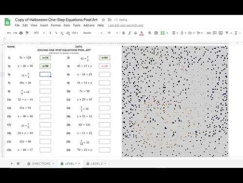 Digital Pixel Art Math Halloween Algebra 1 Solving One Step Equations