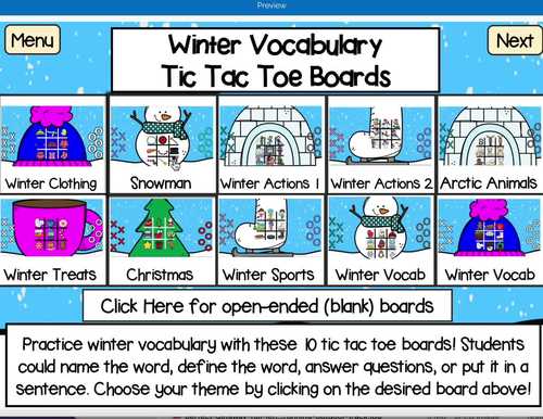 Winter Vocabulary Tic Tac Toe Boom Cards™ Speech Therapy Language Activity