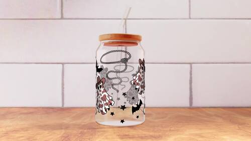 Cowboy Ghost 16oz Glass Can SVG PNG, Cute Cowboy Hat Lasso Bat Halloween.