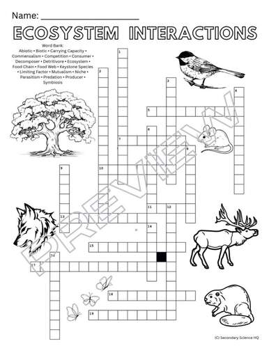 Ecosystem Interactions Vocabulary Crossword, Word search, Quiz, Spelling