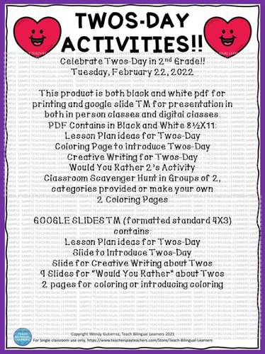 TWOSDAY ACTIVITIES FEBRUARY 2-22-2022 TWOS-DAY 2'S DAY 2ND GRADE
