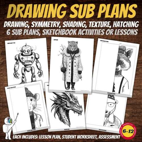 Drawing Sub Packets, 6 Art Sub Plans, Middle or High School Art Activity
