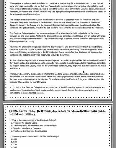 The Electoral College Reading Comprehension Worksheet with Writing Task