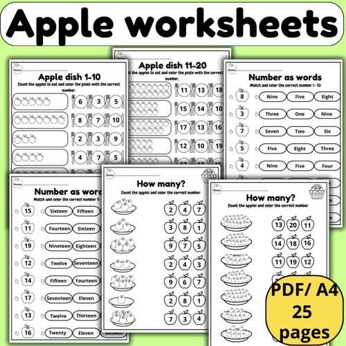 25 Apples Maths worksheets, PreK, K,1st and 2nd grades.Ressources teachers.