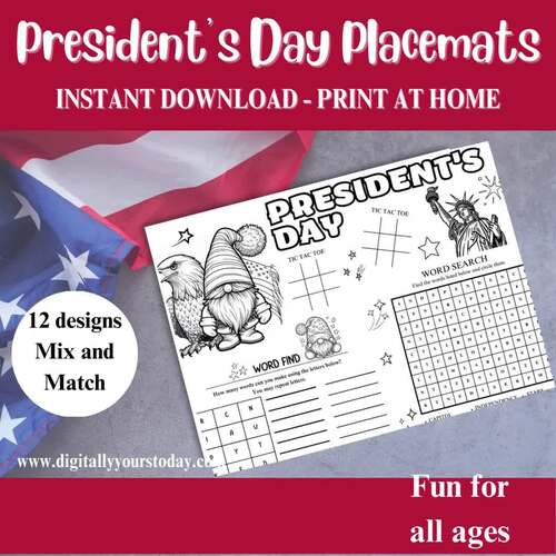 President's Day Activity Placemats for kids of all ages - 12 Different ...