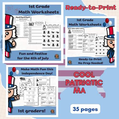 1st Grade Math Worksheets | 4th of July Patriotic Math Activities | No Prep