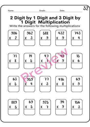 2 Digit by 1 Digit and 3 Digit by 1 Digit Multiplication Worksheets ...