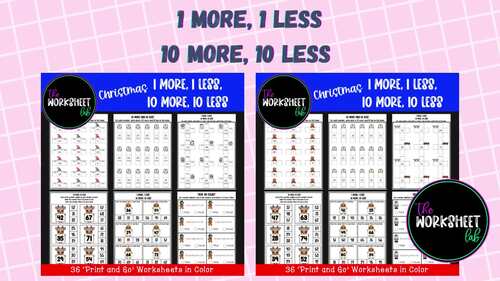 Christmas Place Value - 1 More, 1 Less, 10 More, 10 Less Worksheets Color