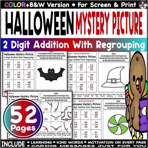 Two Digit Addition With Regrouping | Halloween Mystery Pictures Activities