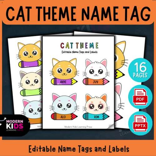 Editable Cat Theme Name Tags, Labels for Back to Shcool Classroom Decor