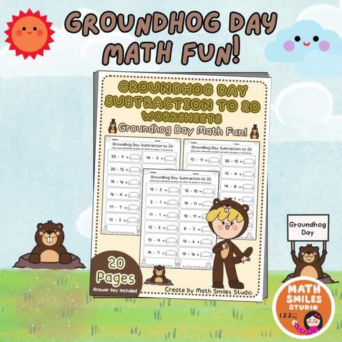 Groundhog Day Subtraction to 20 Worksheets | Math Practice | 1st-2nd Grade