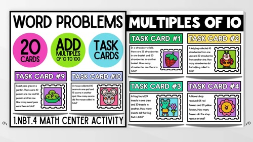 1st Grade | Adding Multiples of 10 Word Problems | Task Cards | Spring