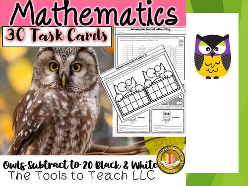 Autumn Owls 30 Subtract to 20 Tens Frames Task Cards Black and White Print