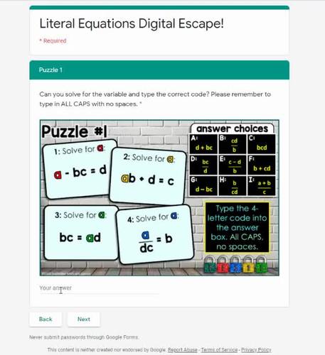 Literal Equations Digital Math Escape Room Activity | TPT