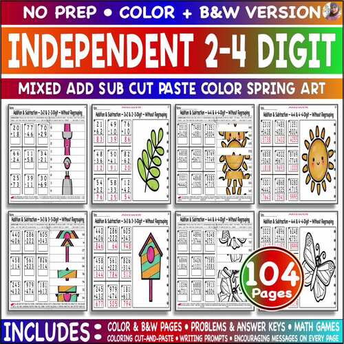 Spring Math Mixed Add Sub 2 3 4 Digit Independent Work cut paste color ...