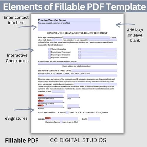 Guardian Consent for Mental Health Treatment Form, Fillable PDF | TPT