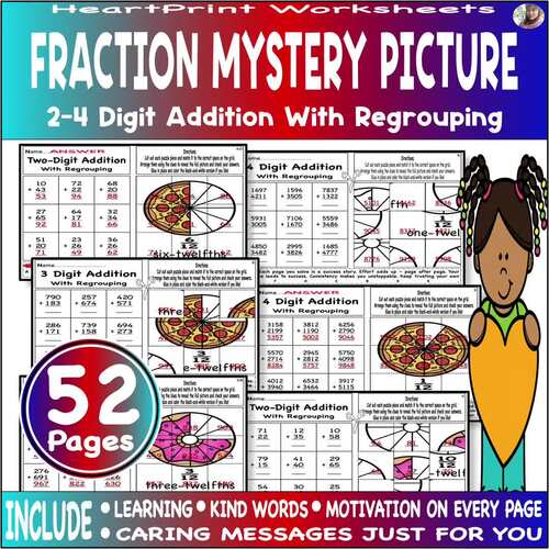 2 3 4 digit addition with regrouping : Fraction Mystery Picture Fun ...