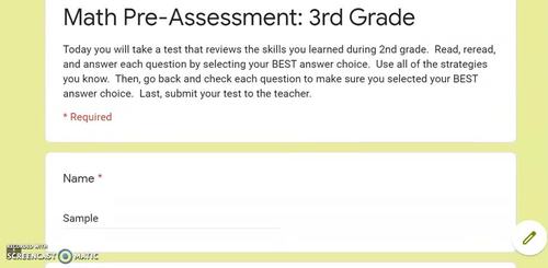 3rd Grade Math Pre-Assessment Beginning of Year Math Test Distance Learning