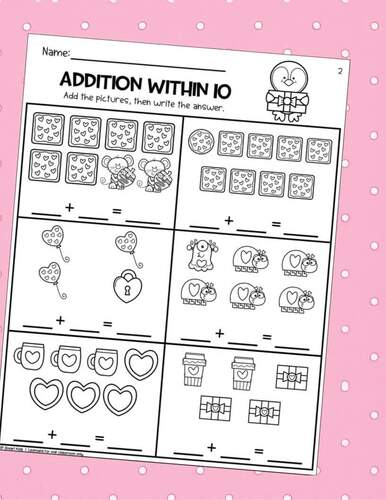 Valentine Picture Addition Within 10 Worksheets Count & Add Solve the ...
