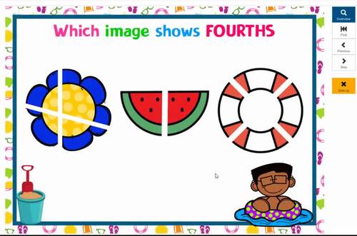 Summer Math Identify Halves and Fourths Boom Cards 1st Grade Math