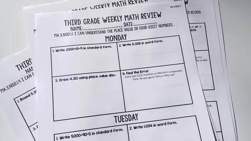 3rd Grade Florida BEST Standards NSO Weekly Math Review Morning Work ...