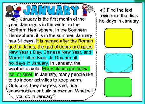 January Finding Citing Text Evidence Reading Boom Cards Task Cards with ...