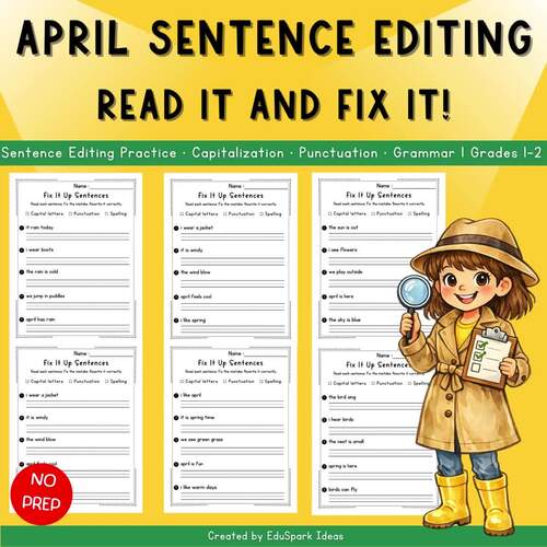 April Sentence Editing | Fix the Sentence Writing Worksheets | 1st 2nd ...