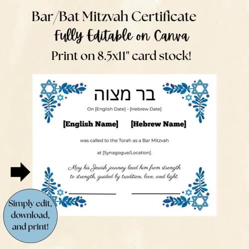 Bar & Bat Mitzvah Certificate Editable Template Bundle Jewish Star Border