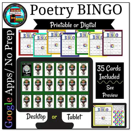 Poetry Activity BINGO Game Printable and No Prep Digital Lesson Review ...