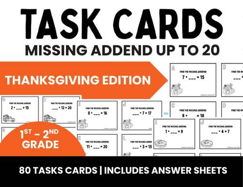 Missing Addend to 20 Game 1st & 2nd Grade Thanksgiving Math Center Task ...