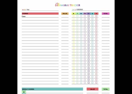 Multi-Color Weekly Allowance Tracker Printable PDF by Mom Money Map