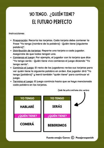 Spanish Vocab Game Future Tense | Futuro Simple | Yo tengo, ¿Quién tiene?
