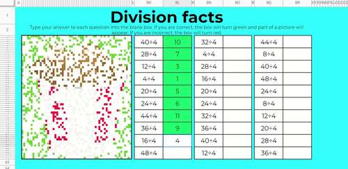 Division Facts ÷4 Pixel Art | Digital Math Mystery Picture Google Sheets