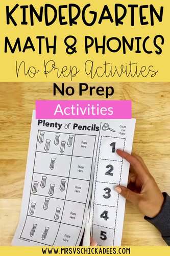 No Prep Phonics and Math Worksheets for Kindergarten by Mrs V's Chickadees